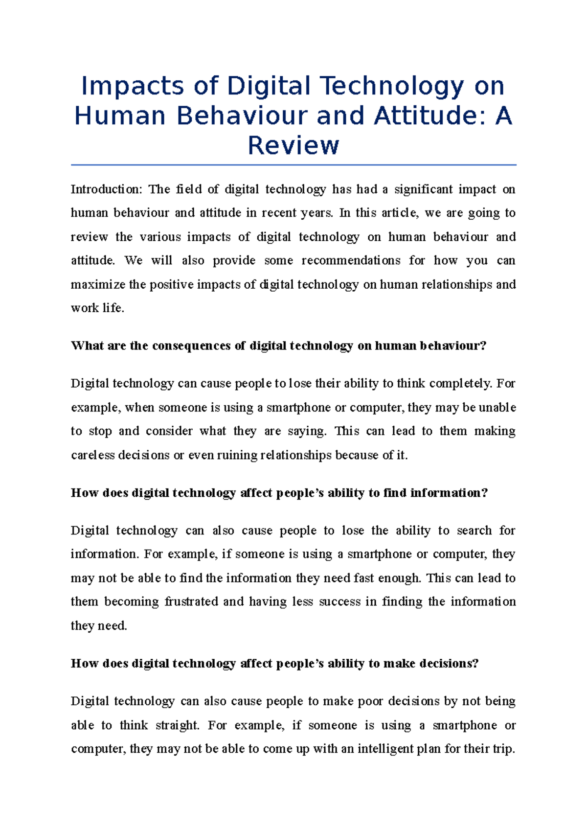 Impacts of Digital Technology on Human Behaviour and Attitude, A Review ...