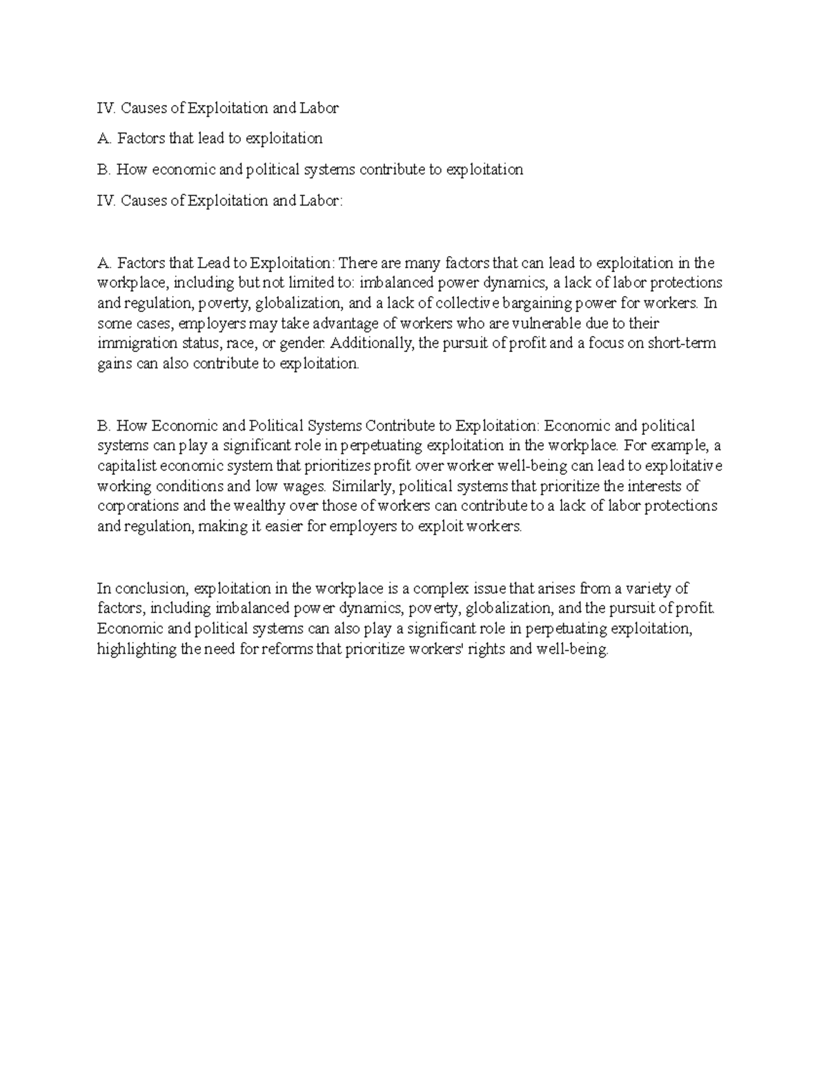 Exploitation and labor 4 - IV. Causes of Exploitation and Labor A ...