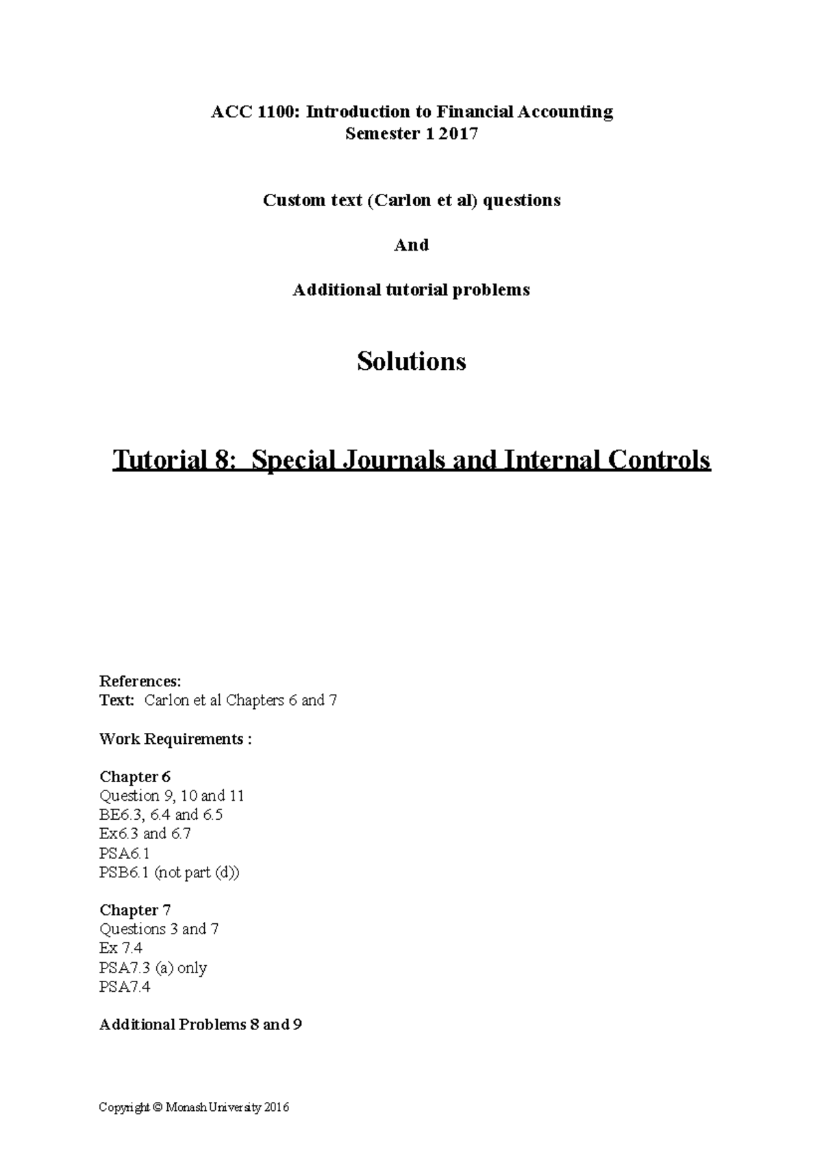 Tute 8 Solutions ACC ACF1100 S1 2017 - ACC 1100: Introduction to ...