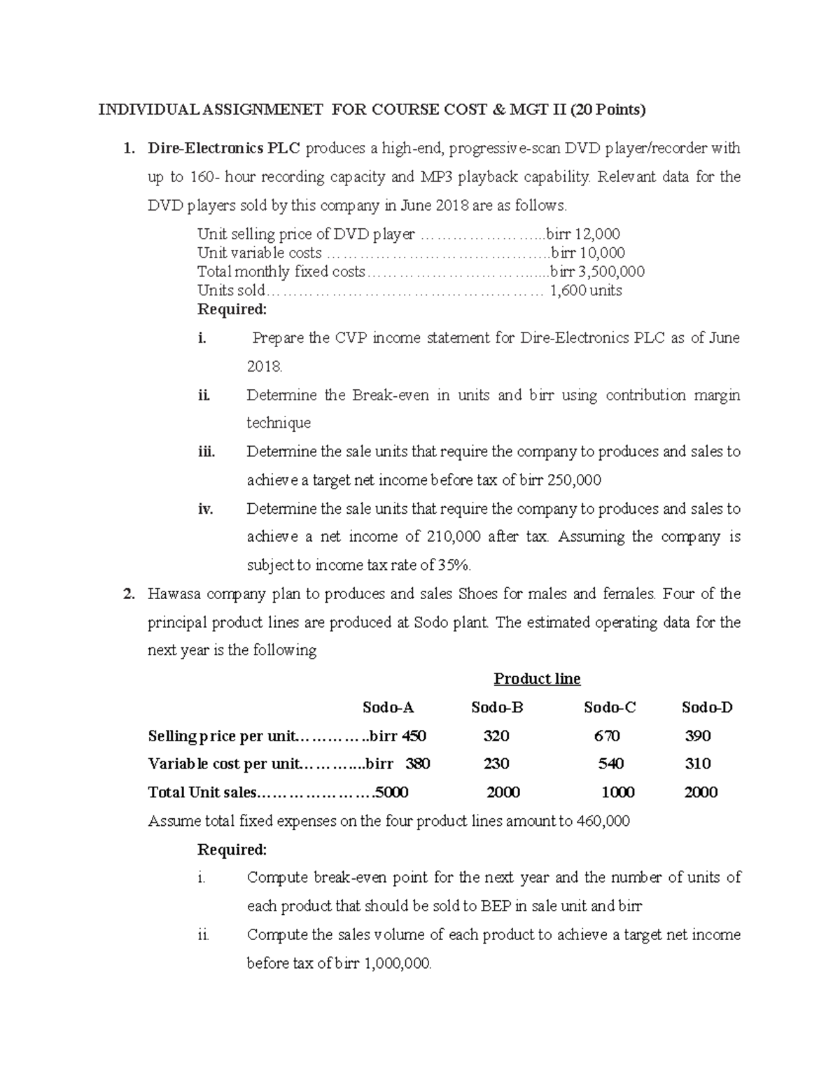 Individual Assignmenet - INDIVIDUAL ASSIGNMENET FOR COURSE COST & MGT ...