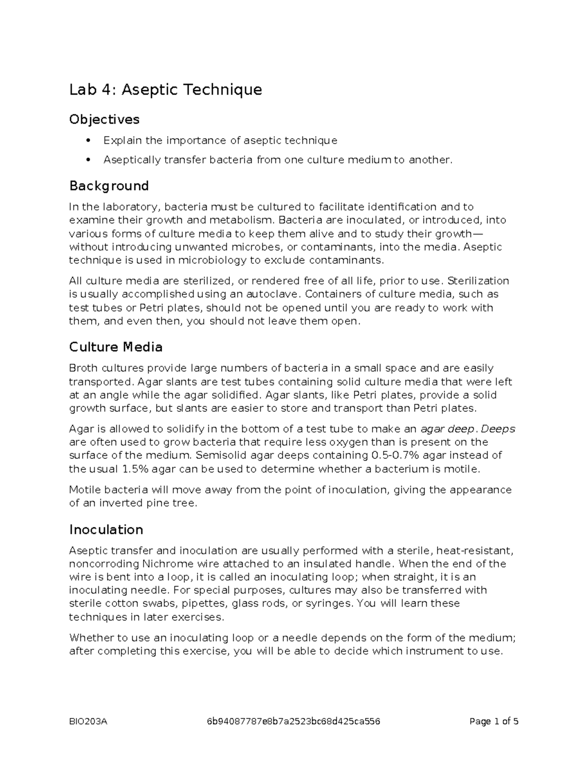 BIO203A Lab 4 Aseptic Technique - Lab 4: Aseptic Technique Objectives ...