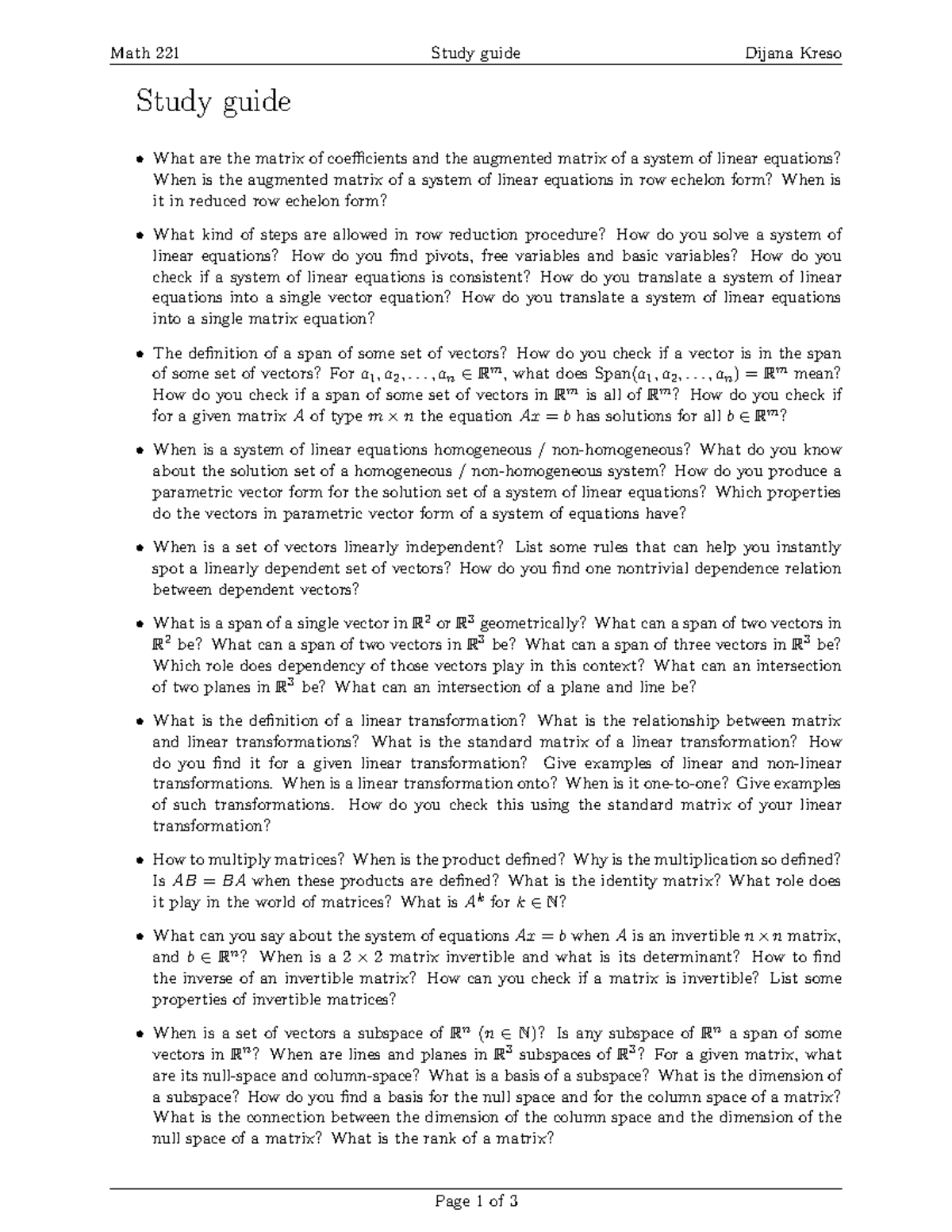 Study Guide An Rm What Does Span a 1 A 2 An Rmmean