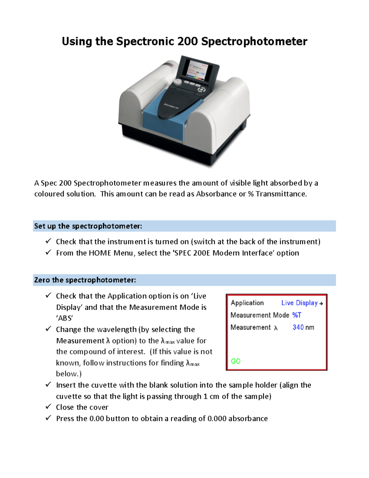 Spec 200E instructions - Using the Spectronic 200 Spectrophotometer A ...