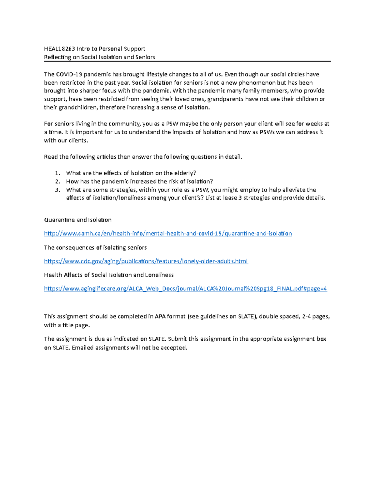 Intro to PSW Isolation Reflection 2022 -Aging - HEAL18263 Intro to ...