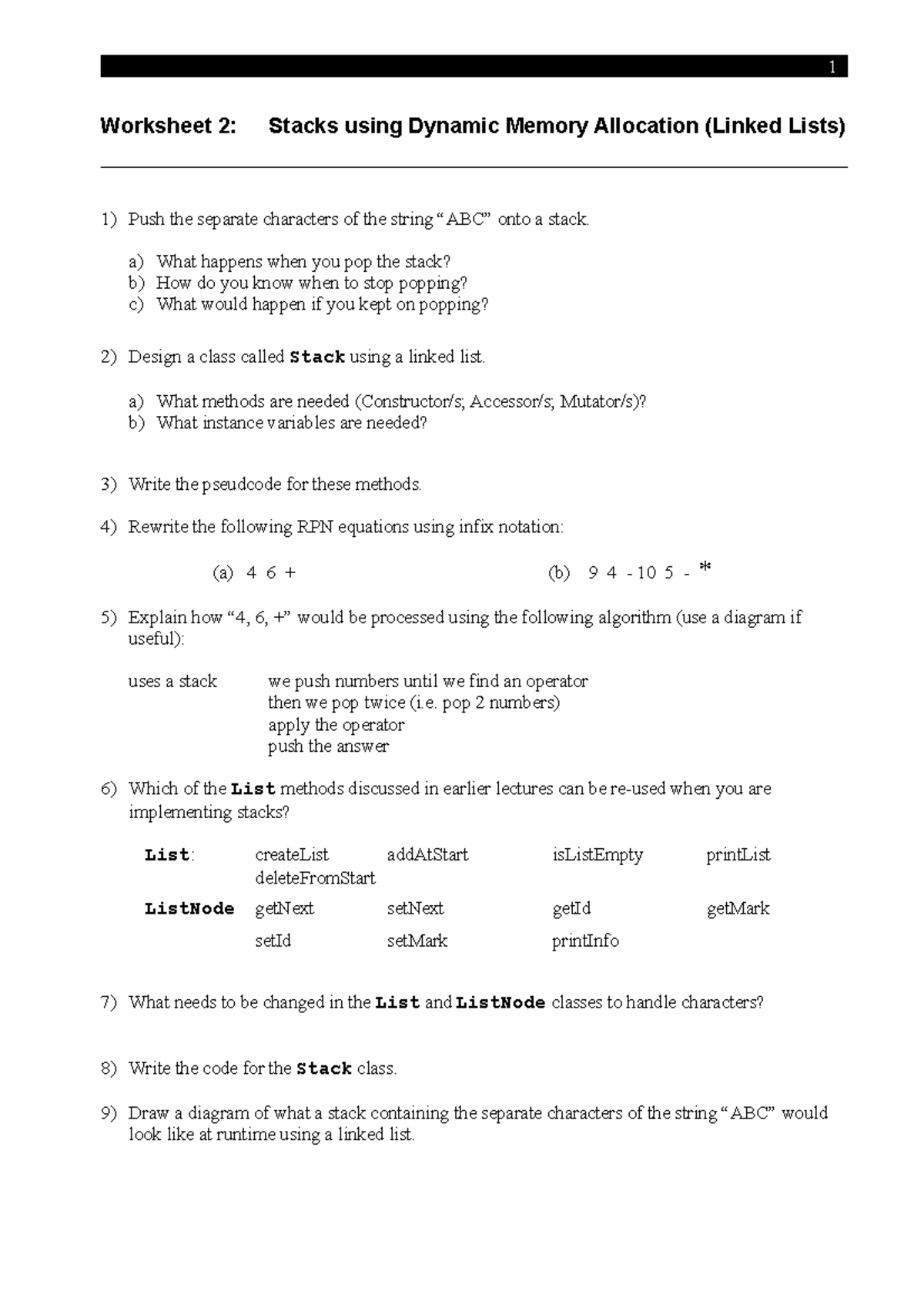 Worksheet 2 Stacks with linked lists - 1 Worksheet 2: Stacks using Dynamic Memory Allocation ...