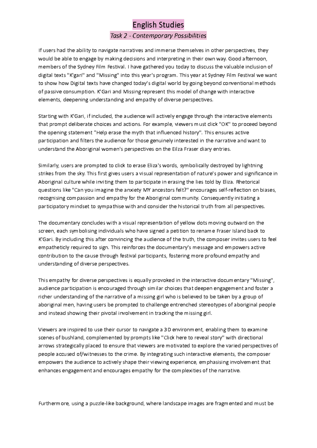 English Contemporary Possibilities - English Studies Task 2 ...