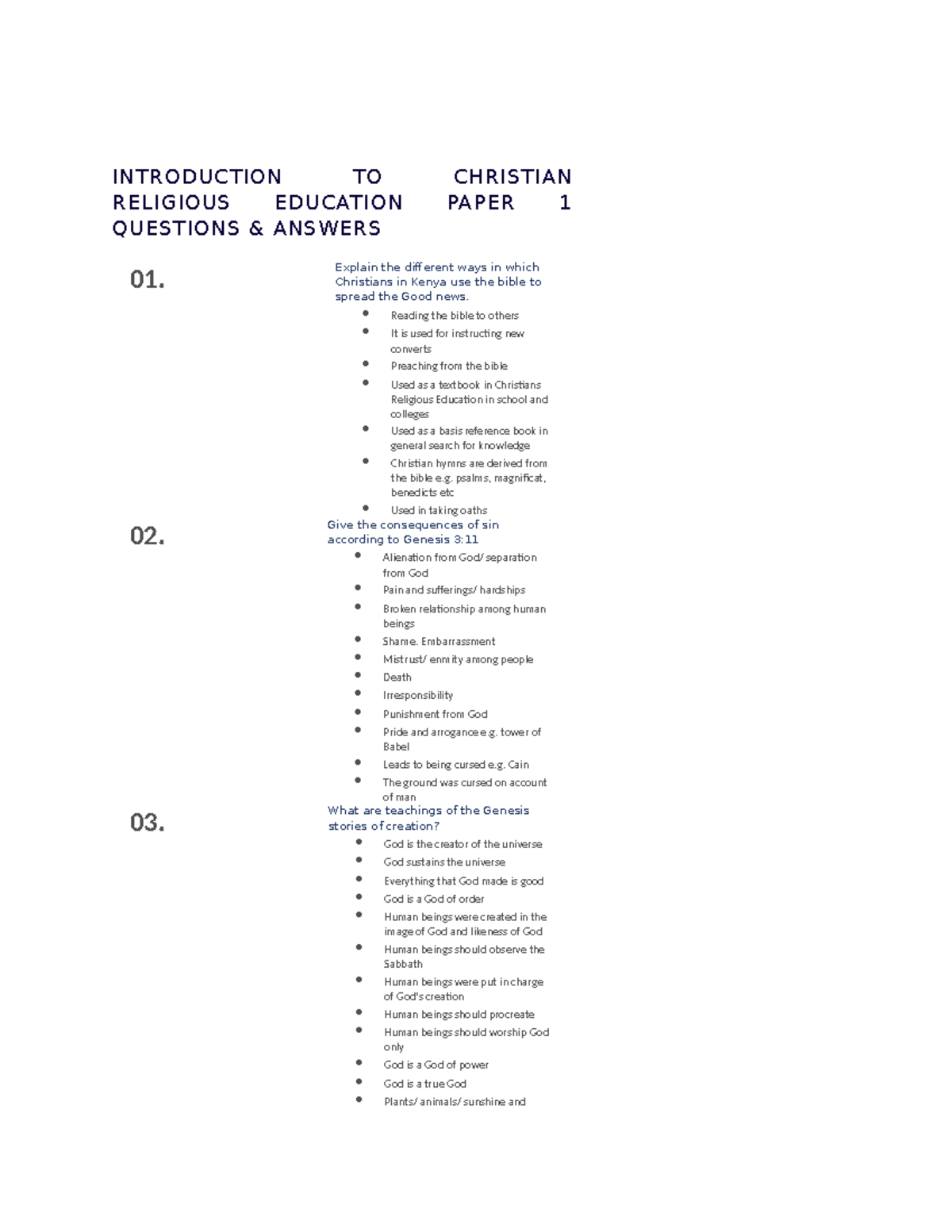 Introduction to CRE questions - INTRODUCTION TO CHRISTIAN RELIGIOUS ...