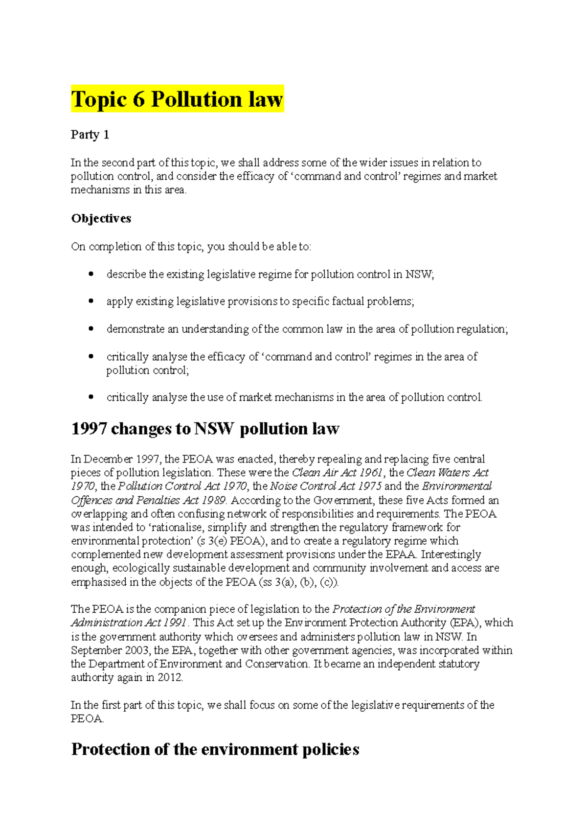 Environmental Law: Topic 6 Pollution law Part 1 - Topic 6 Pollution law Party 1 In the second ...