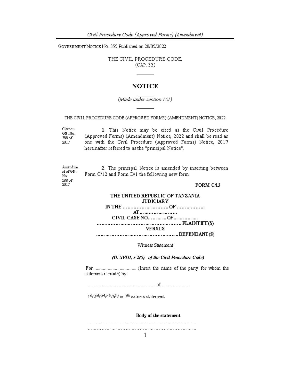 Civil Procedure (Approved Forms) (Amendment) Notice 2022 - GN NO. 355 ...