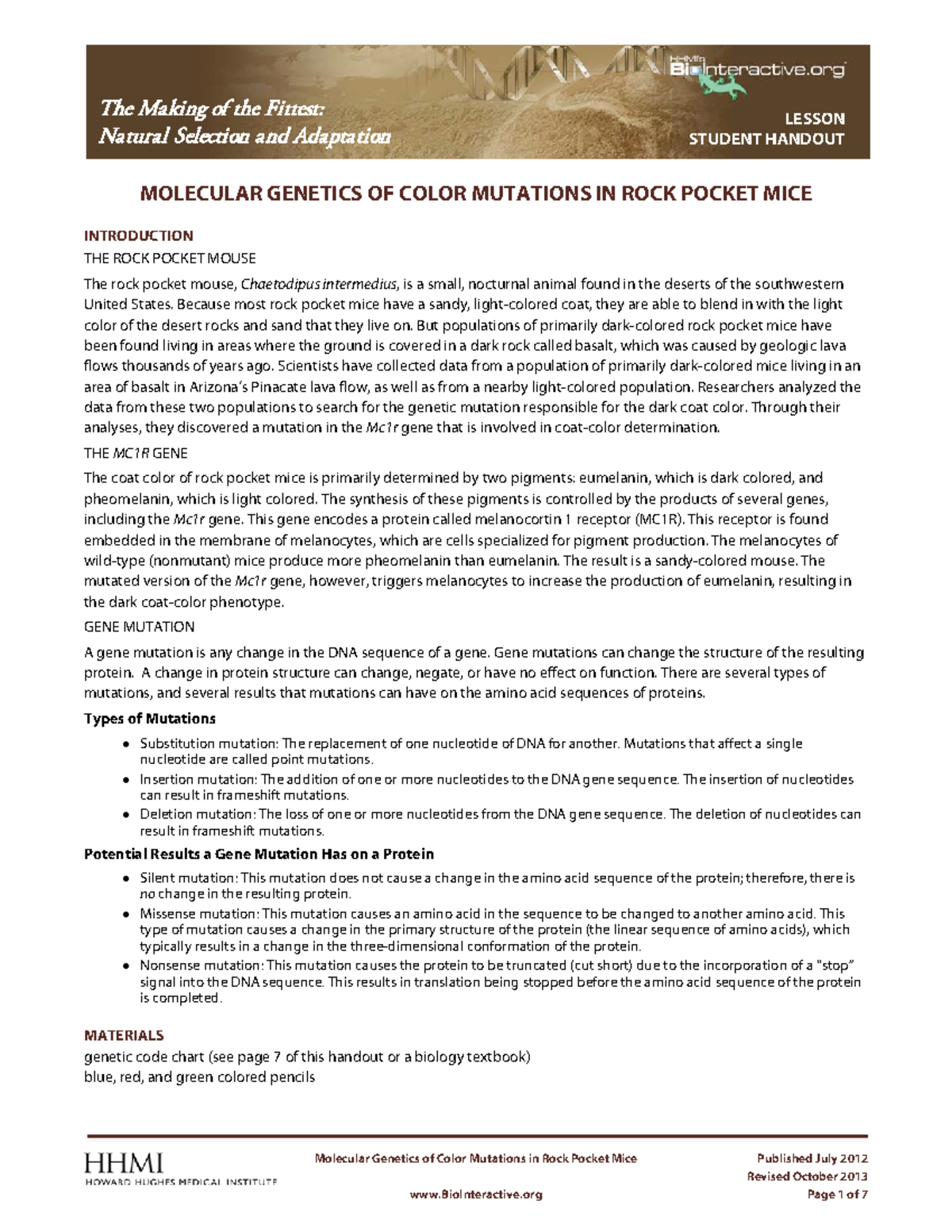 Mouse Molecular Genetics Student - Molecular Genetics of Color ...