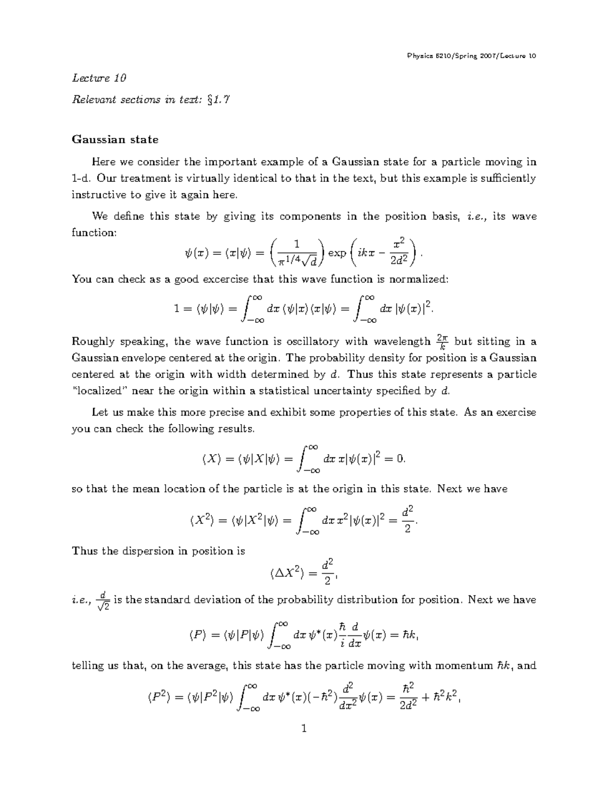 10.pdf gaussian state - Lecture 10 Relevant sections in text:§1 ...