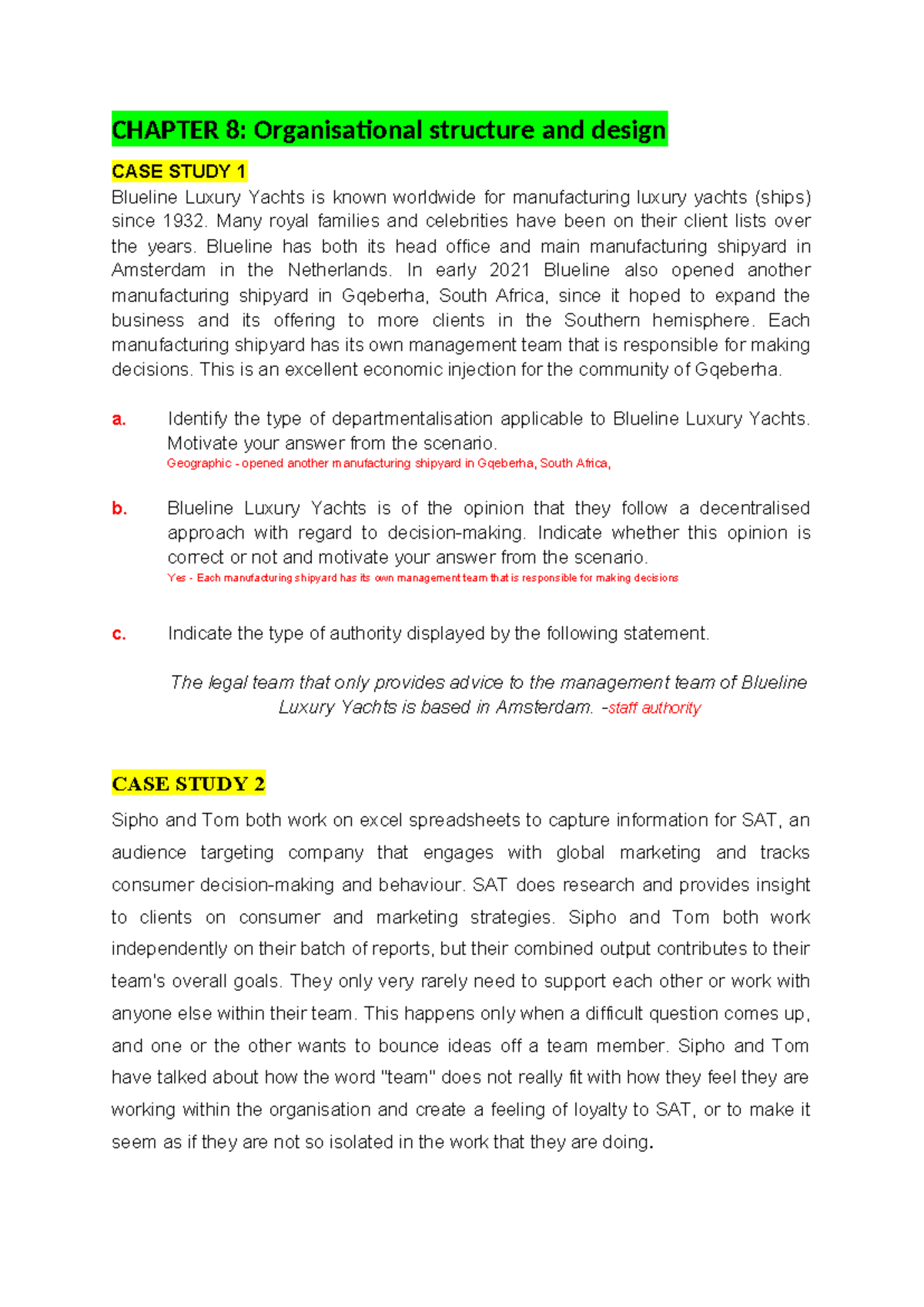 Class Discussion CASE Study MEMO - CHAPTER 8: Organisational structure ...