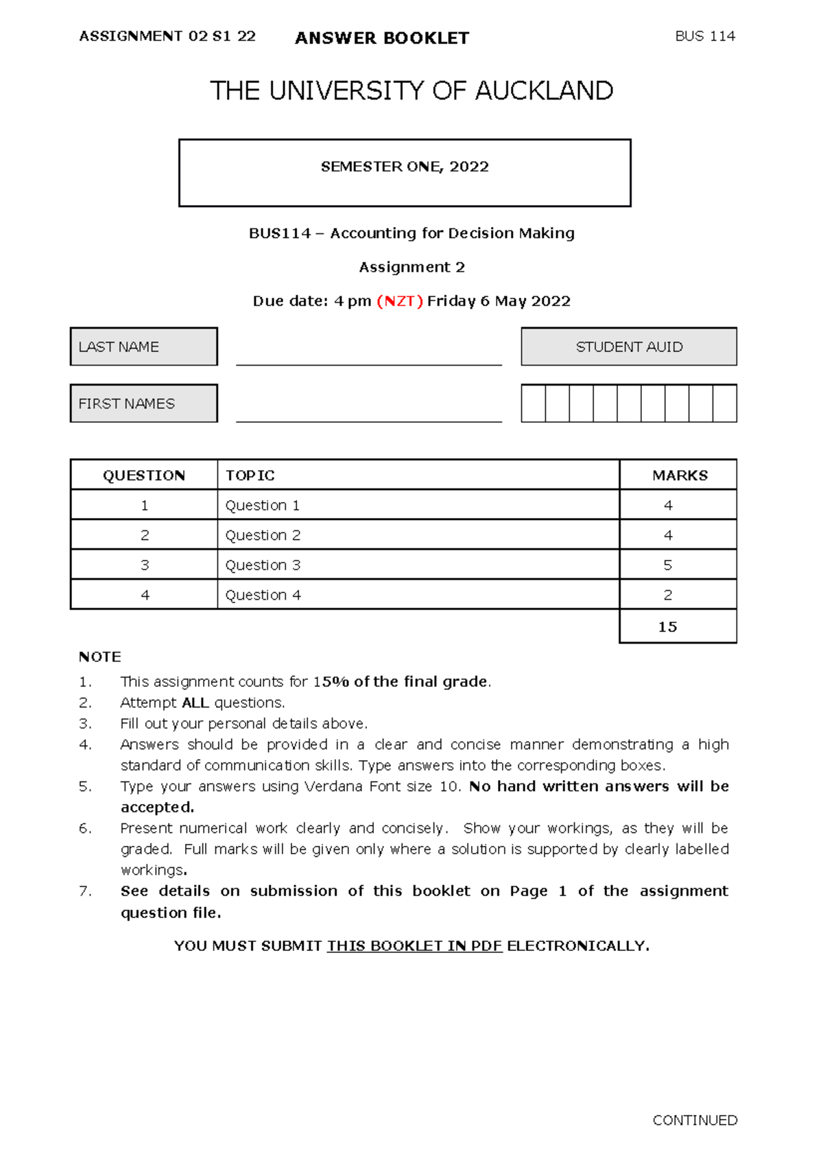 BUS114 Assignment 02 S1 2022 - Answer Booklet - ASSIGNMENT 02 S1 22 ...