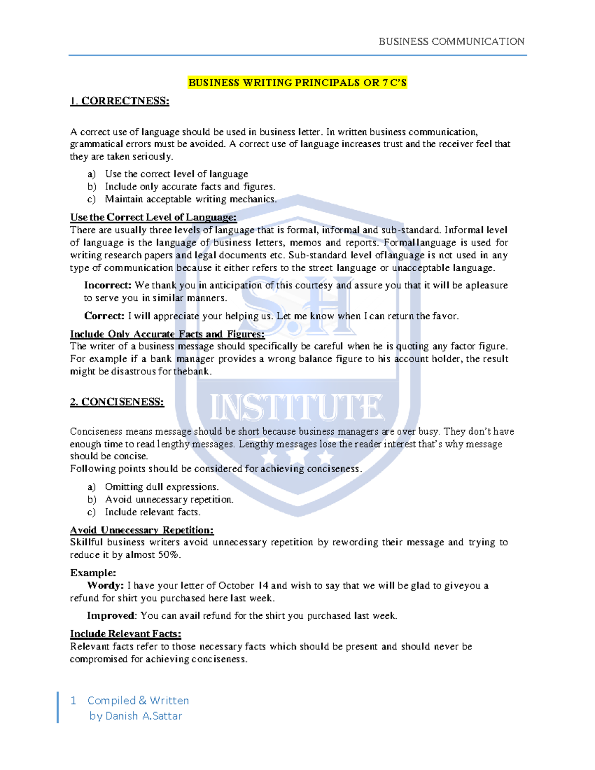 7 Cs - Summarize business writing principal - 1 Compiled & Written ...