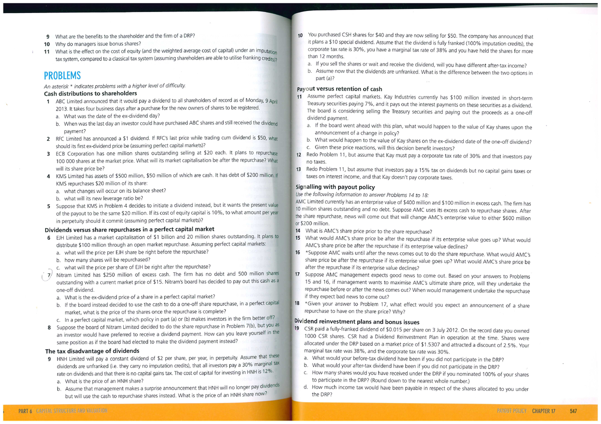 Week 7 Ch17 - Tutorial questions - FINA2222 - Studocu