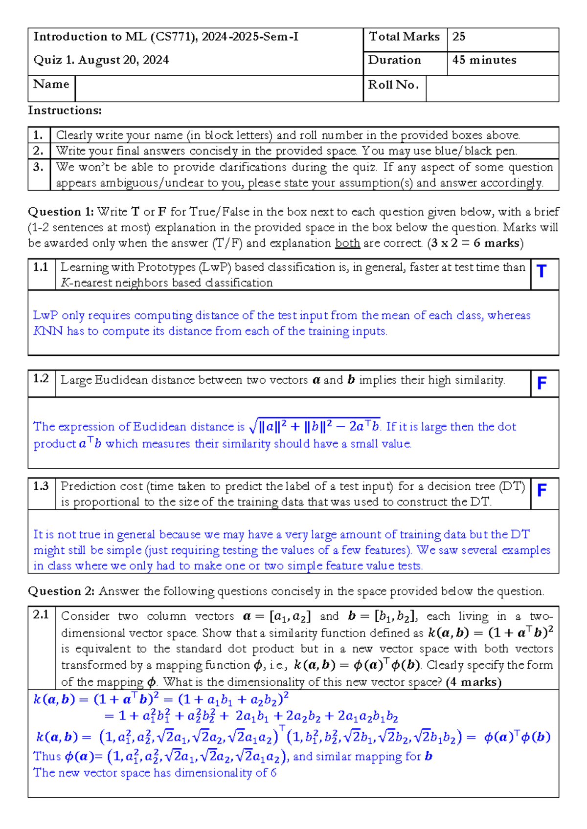Quiz-1-solutions - Solutions - Introduction to ML (CS771), 2024- 2025 - Sem-I Quiz 1. August 20 ...