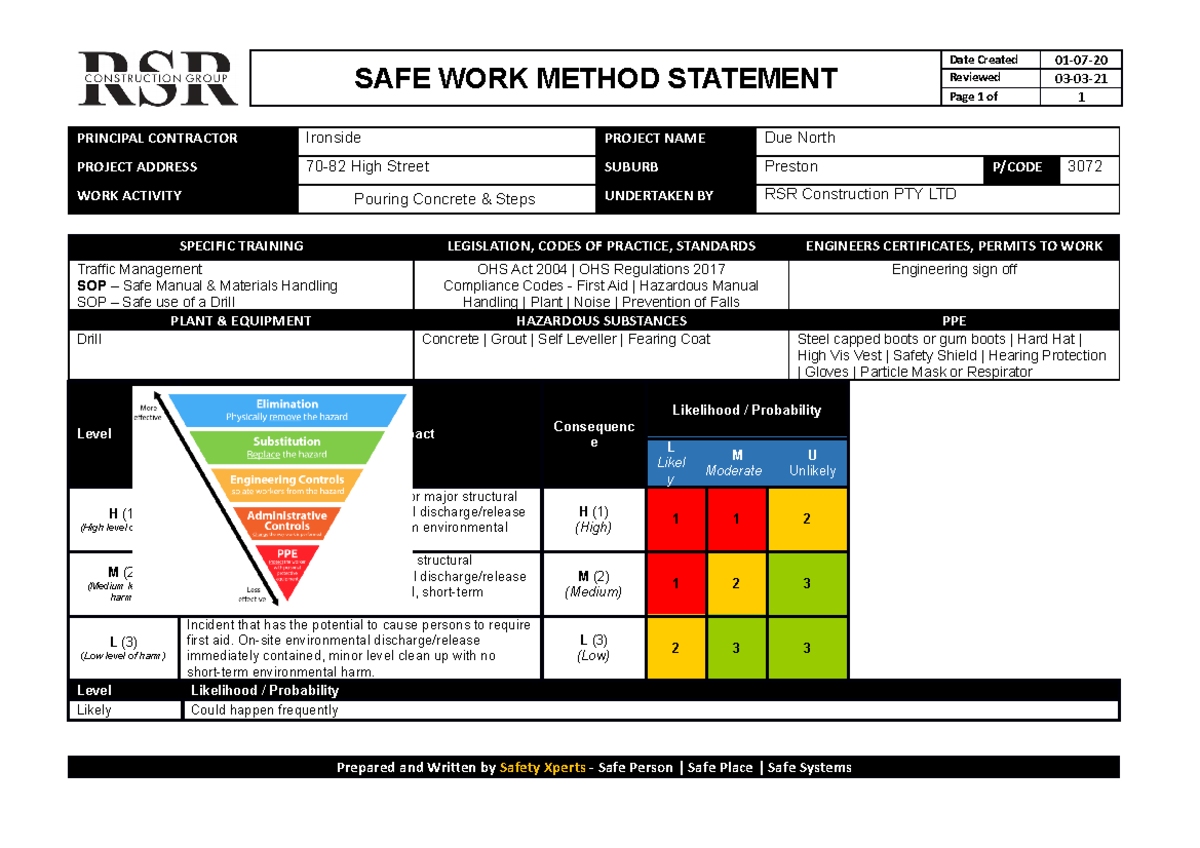 RSR Pouring Concrete and Steps SWMS v3 - SAFE WORK METHOD STATEMENT ...