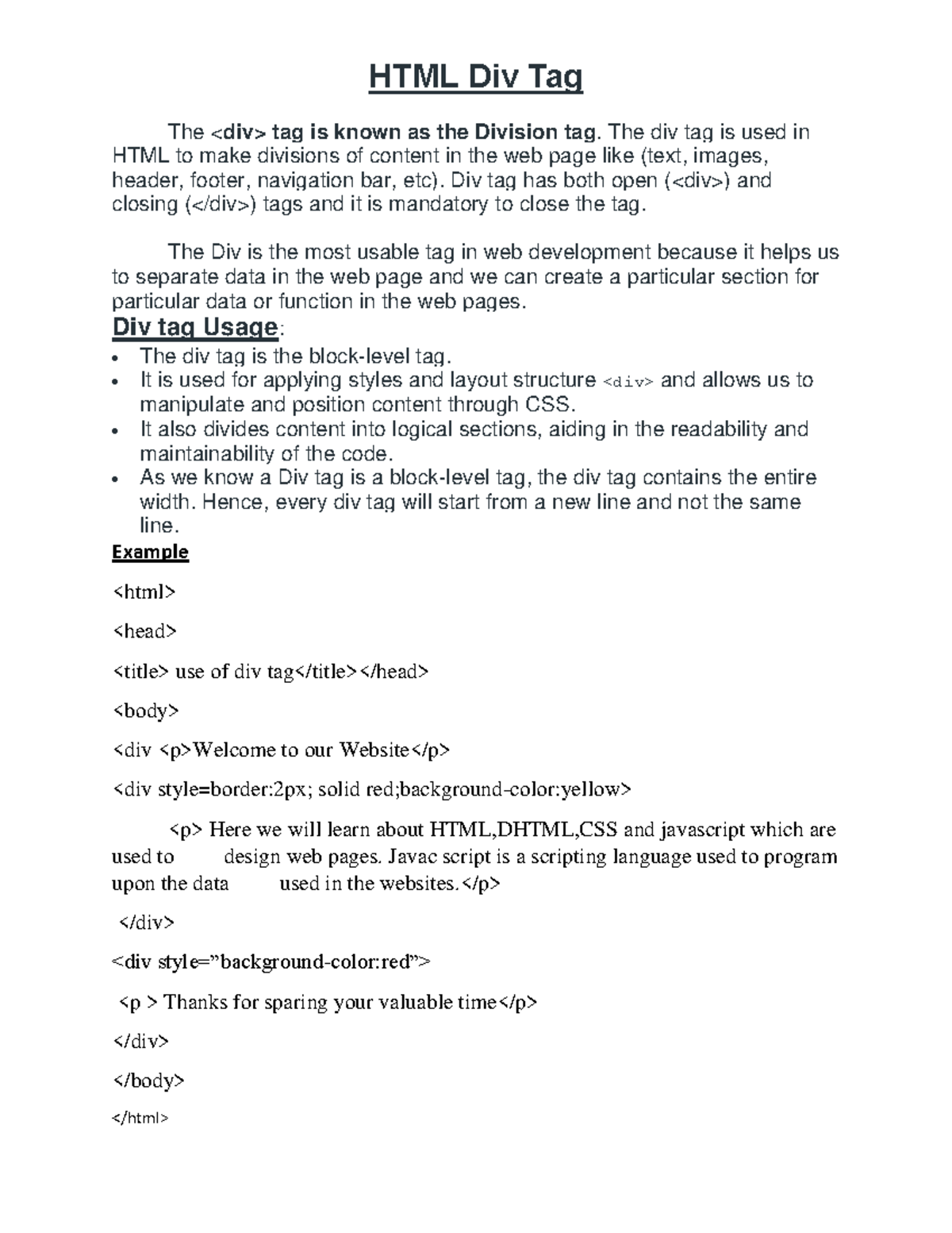 HTML Div Tag - Web designing - HTML Div Tag The tag is known as the ...