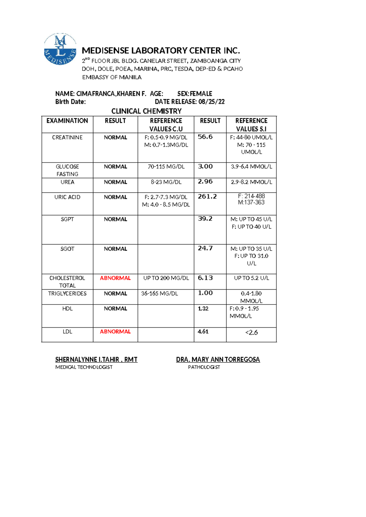 CLIN CHEM Blank - MEDISENSE LABORATORY CENTER INC. 2 ND FLOOR JBL BLDG ...