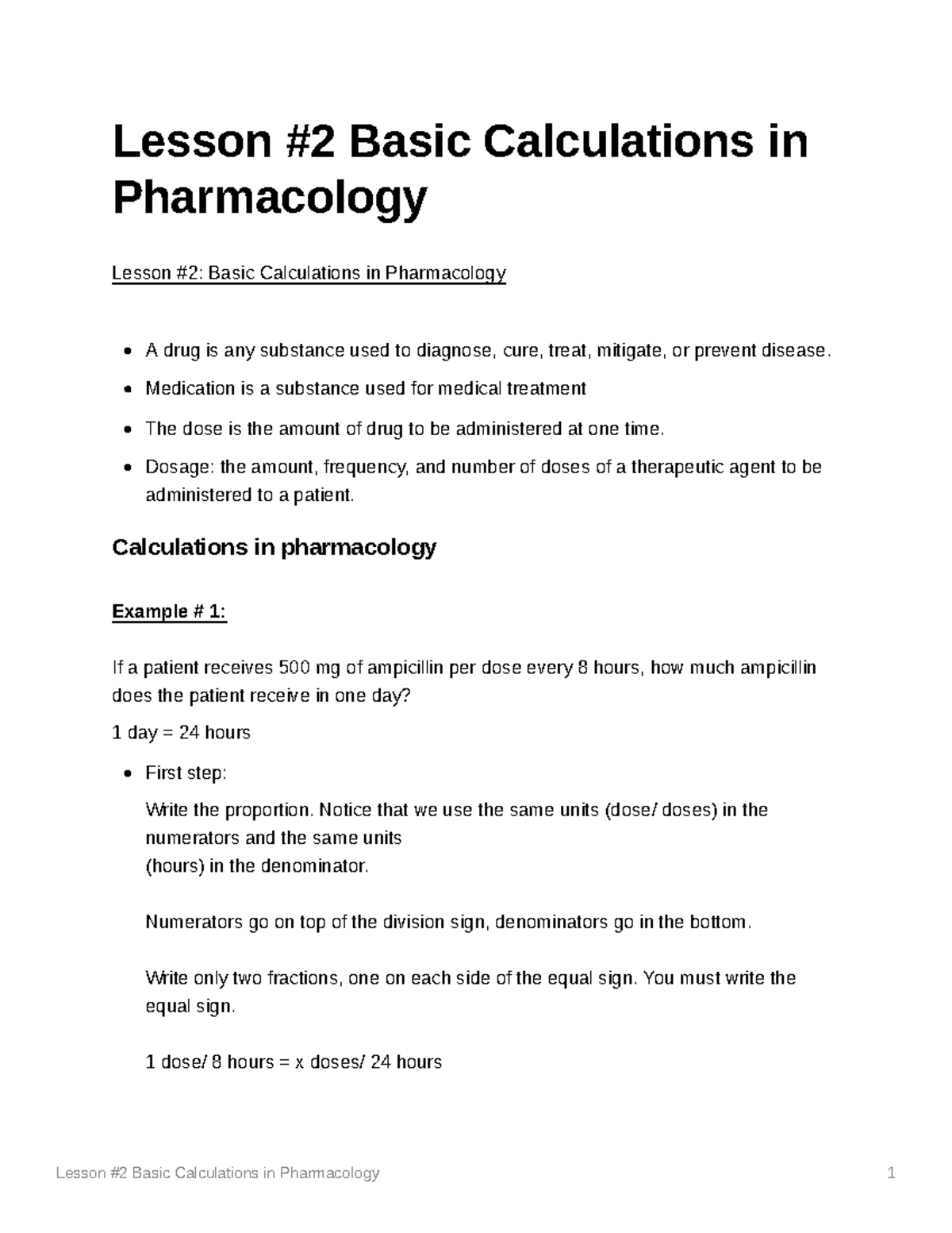 Lesson 2 Basic Calculations in Pharmacology - Lesson #2 Basic ...
