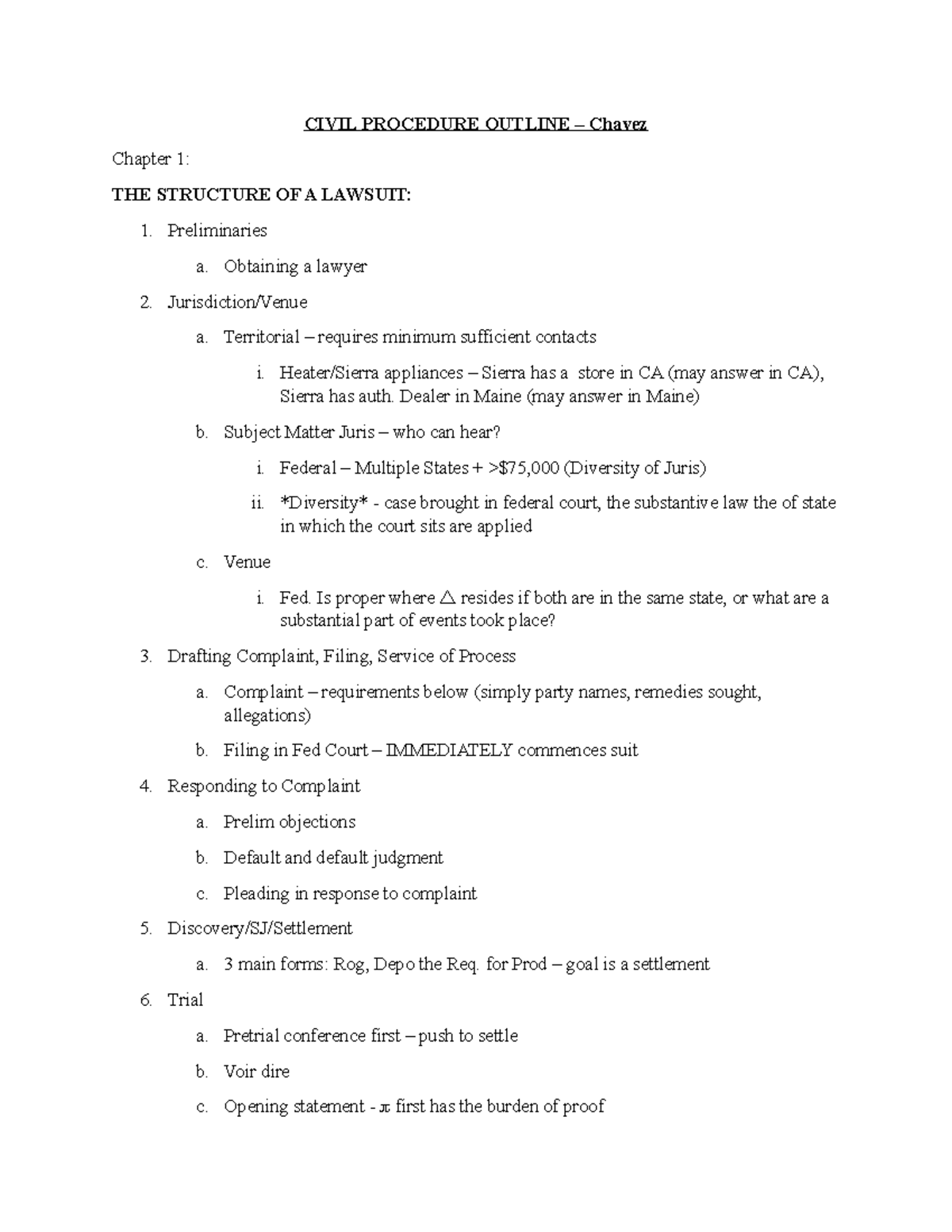 Civ Pro outline final - ddd - CIVIL PROCEDURE OUTLINE – Chavez Chapter ...