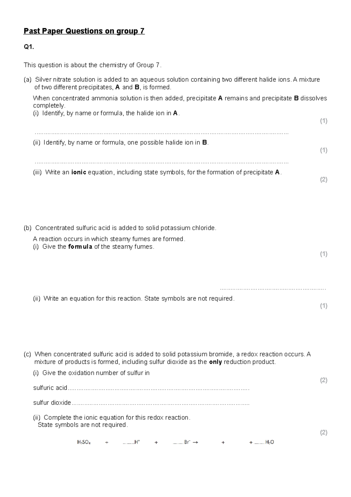 The chemistry of Group VII: Questions (worth 14 marks) - Past Paper ...