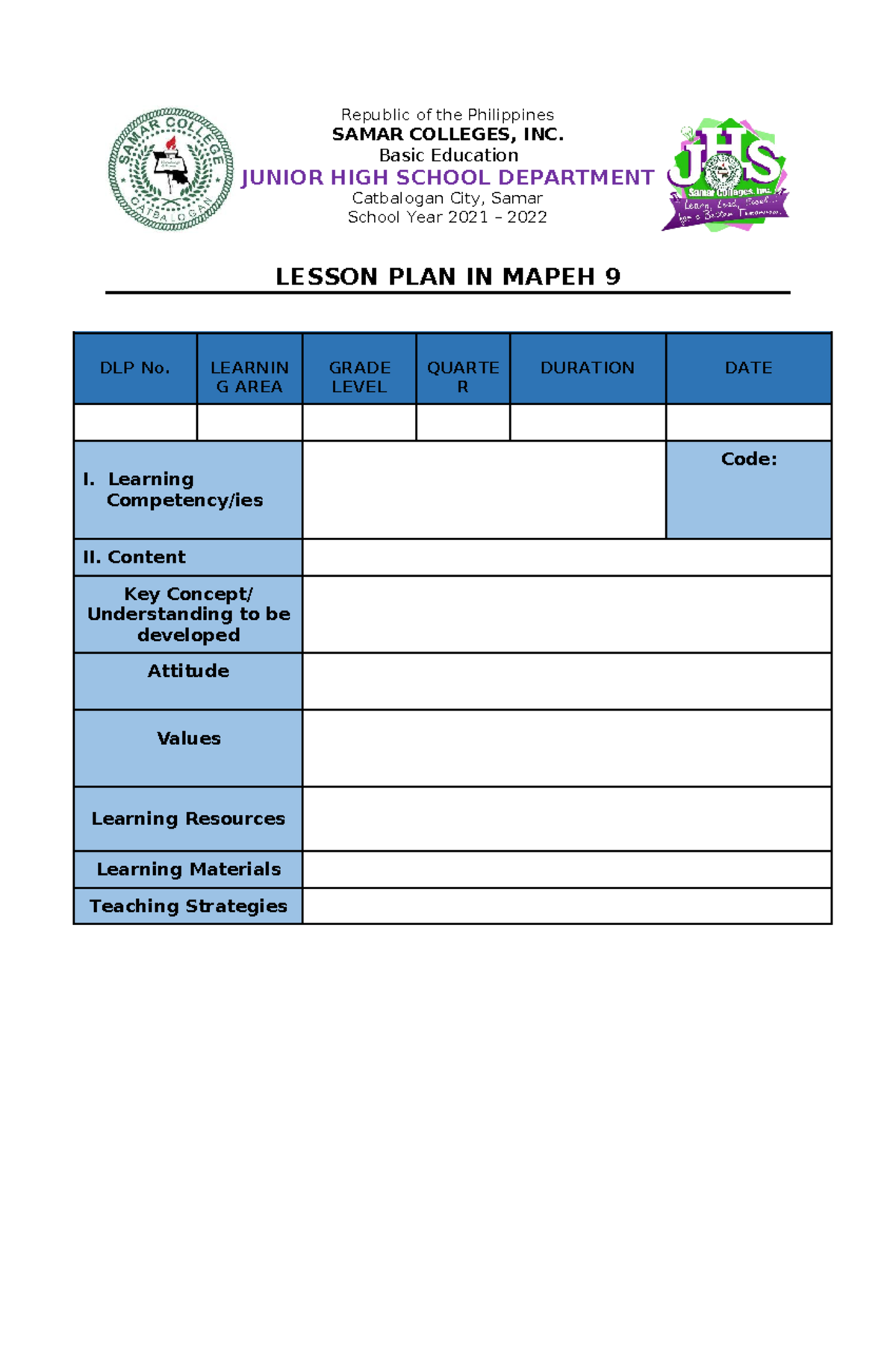 LP- Template - School - Republic of the Philippines SAMAR COLLEGES, INC ...