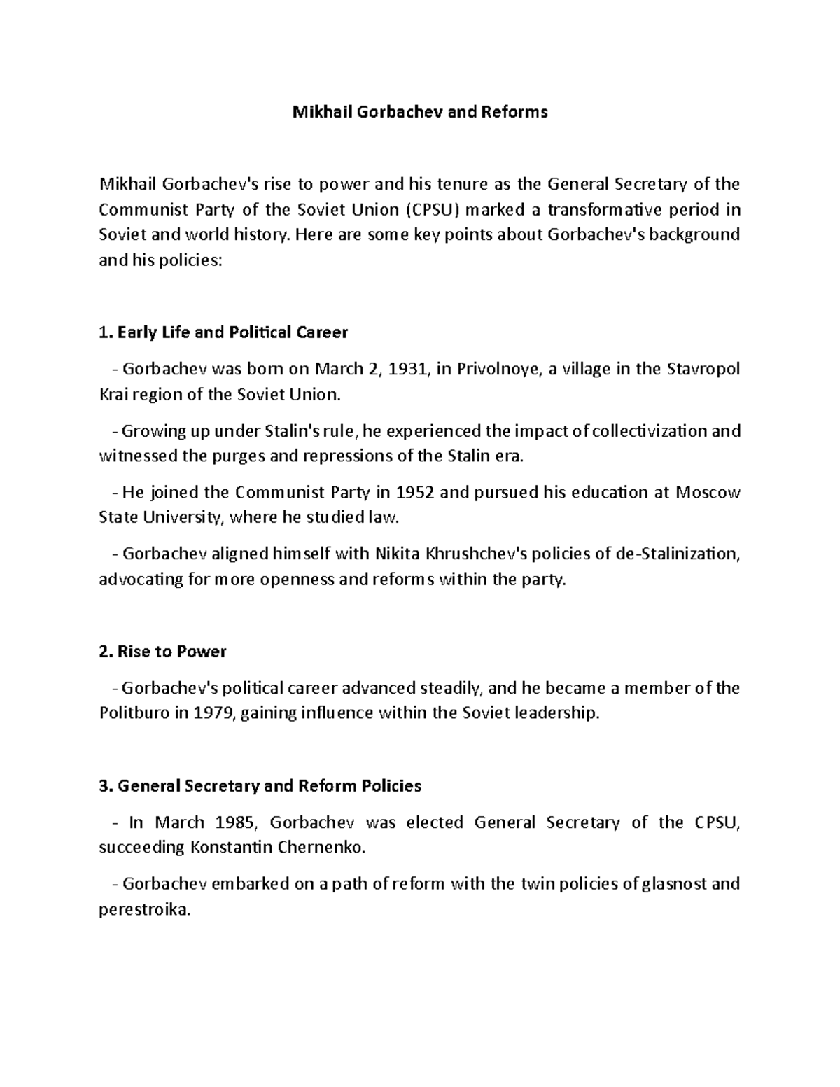 Russia - Mikhail Gorbachev and Reforms Mikhail Gorbachev's rise to ...
