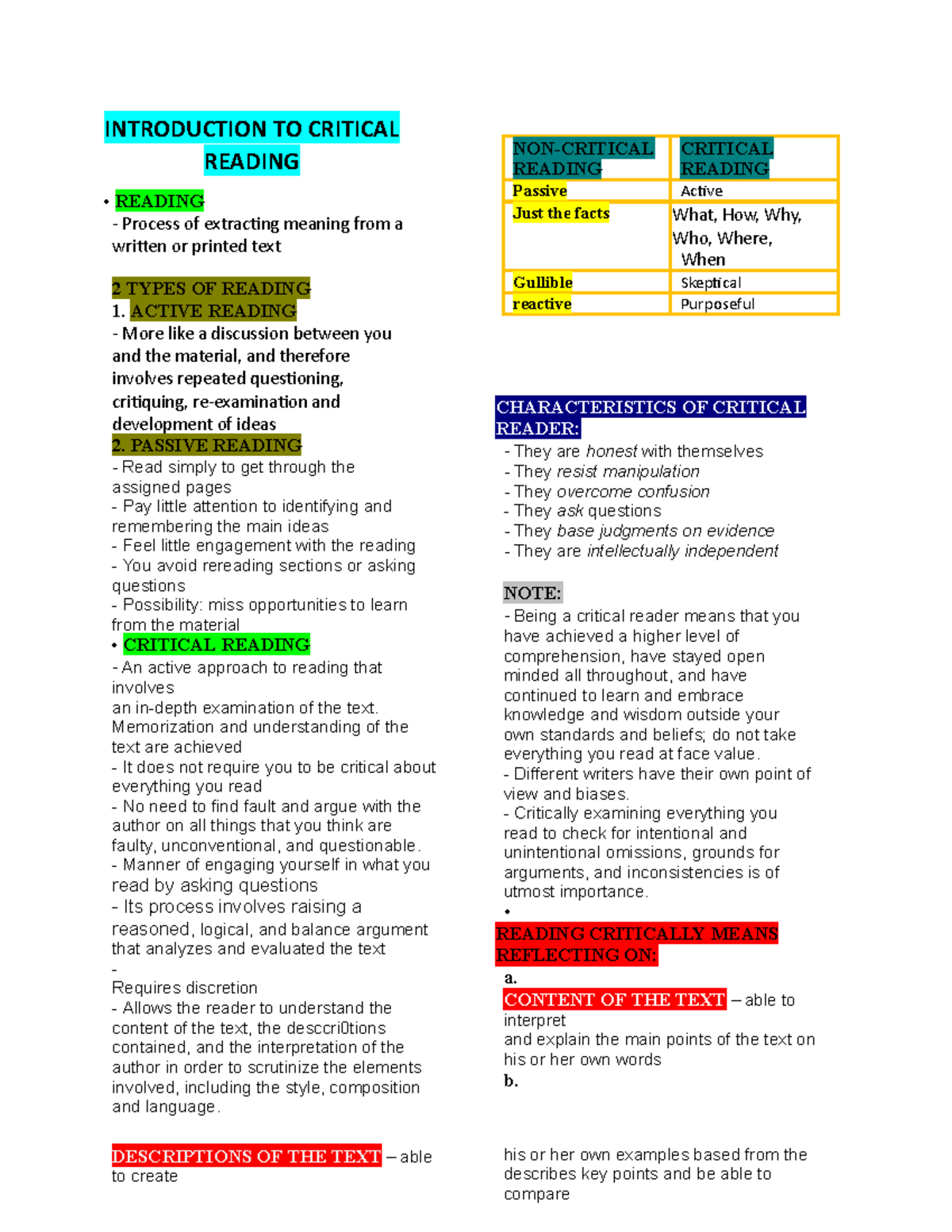 CRWT111- Reviewer - INTRODUCTION TO CRITICAL READING • READING Process ...