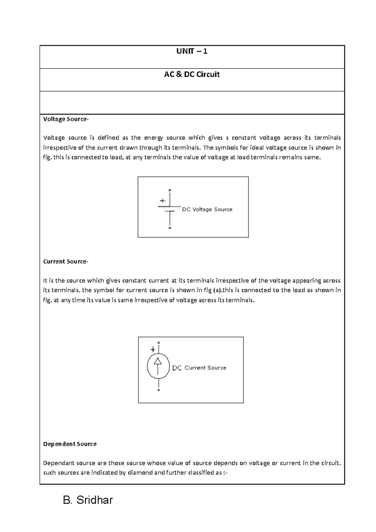 Unit 1 DC Circuits - Analysis and Theorems - UNIT – 1 AC & DC Circuit Voltage Source- Voltage ...