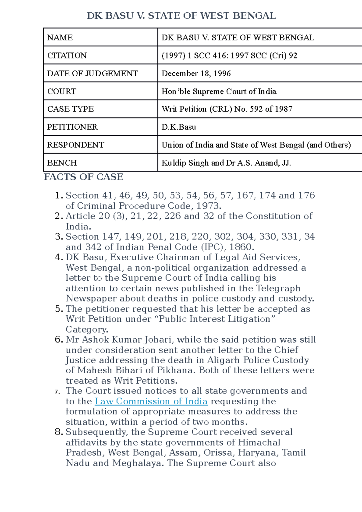 DK BASU V - STATE OF WEST BENGAL NAME DK BASU V. STATE OF WEST BENGAL ...