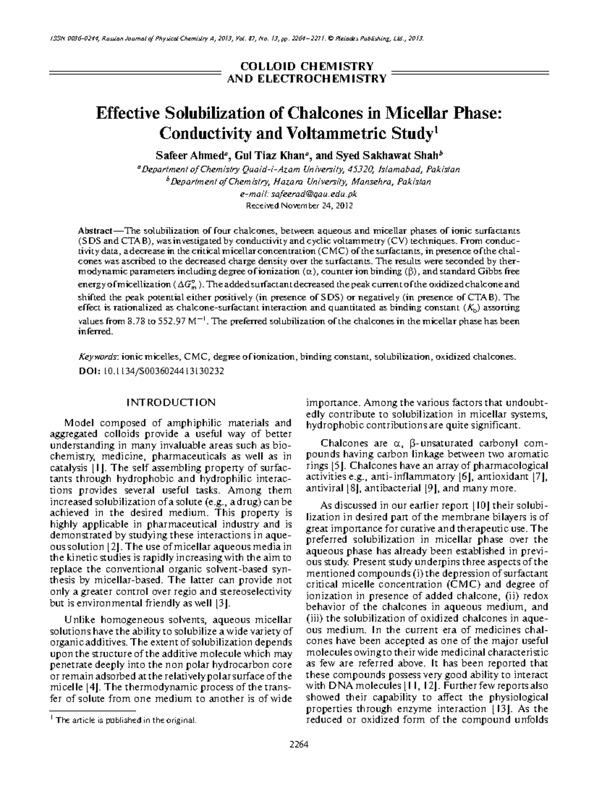 Effective solubilization of chalcones in micellar phase Conductivity ...