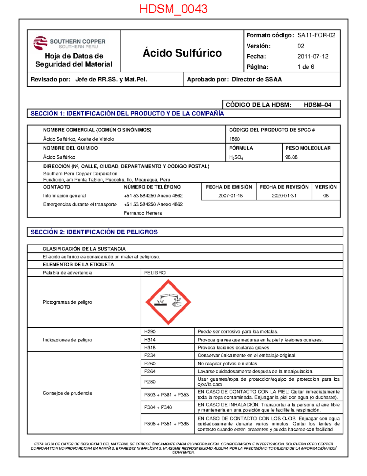 MSDS Acido Sulfurico - informe - Hoja de Datos de Seguridad del ...