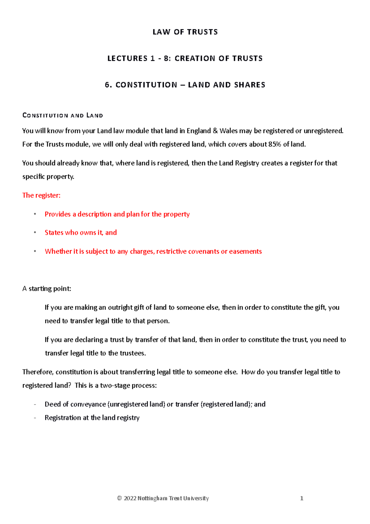Lecture 6 - Trusts Notes - LAW OF TRUSTS LECTURES 1 - 8: CREATION OF ...