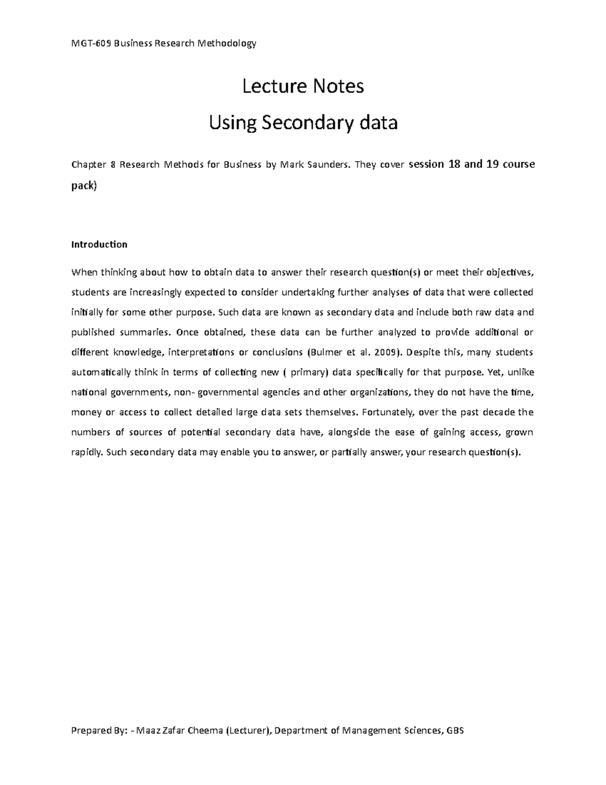 Buainess Research Methods Lecture Notes - Lecture Notes Using Secondary ...