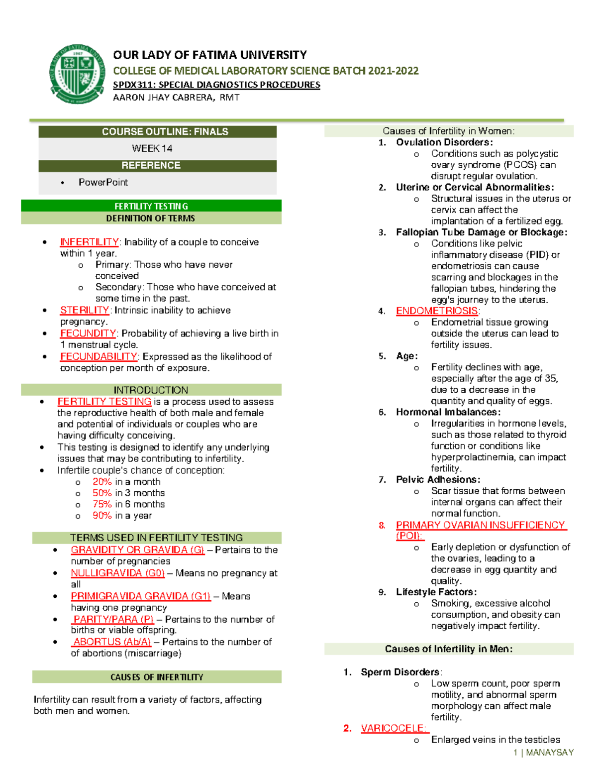 SPDX 311 WEEK 14 Fertility Testing - OUR LADY OF FATIMA UNIVERSITY ...