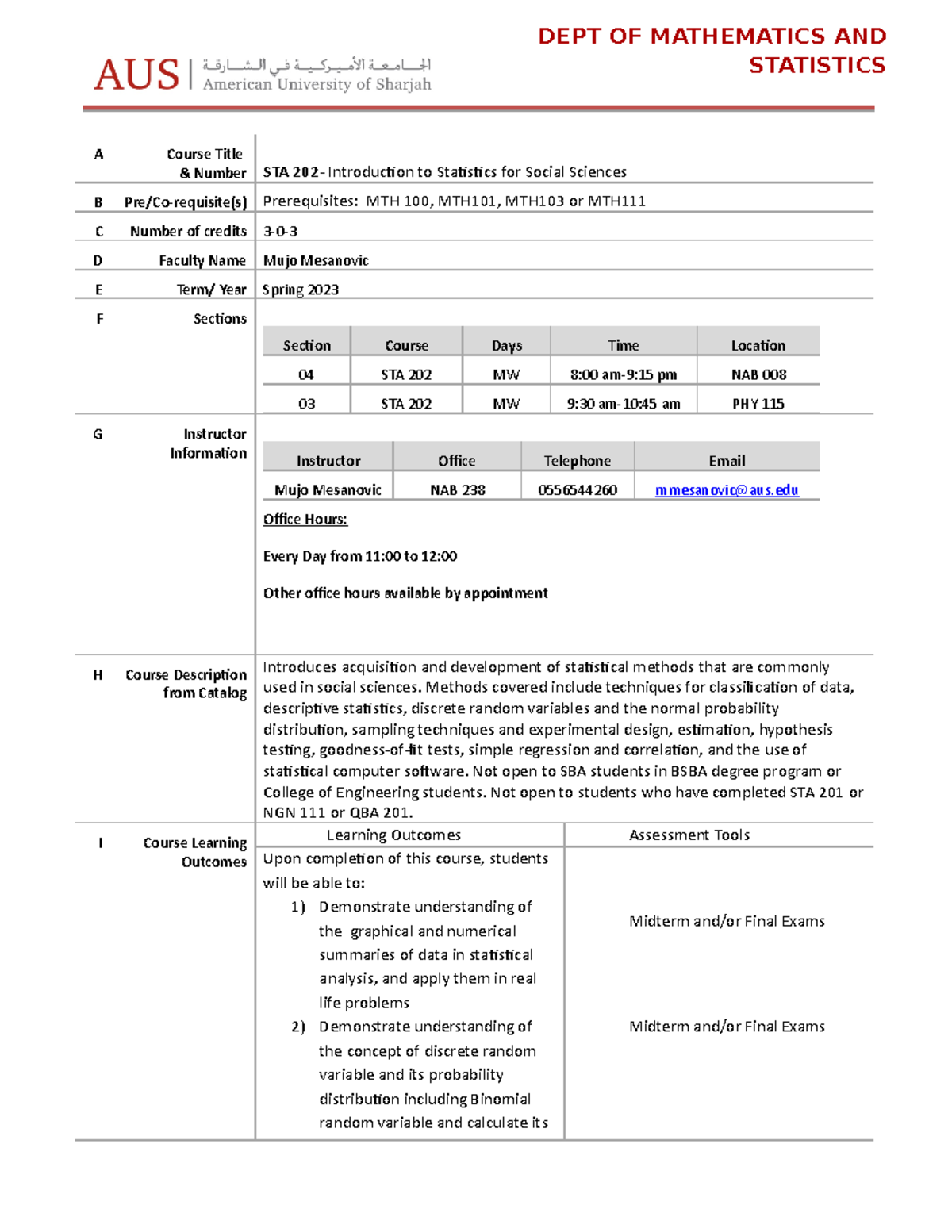 STA 202 Syllabus Spring 2023 - A Course Title & Number STA 202 ...