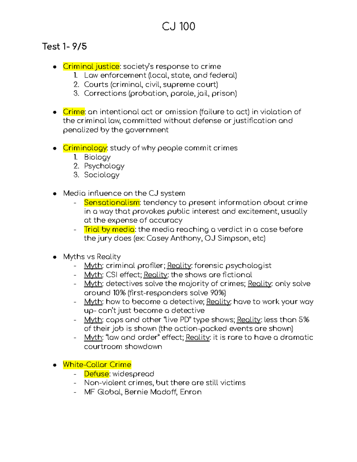 CJ 100 - Notes from Test 1-2 - Test 1- 9/ Criminal justice: society’s ...