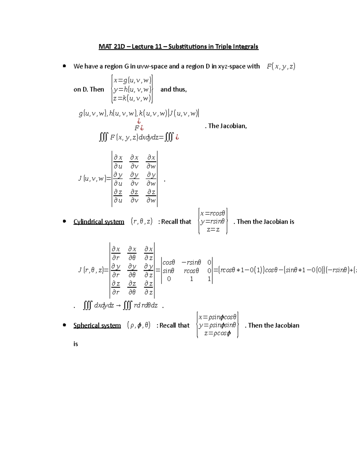 MAT 21D – Lecture 11 – Substitutions in Triple Integrals - MAT 21D – Lecture 11 – Substitutions ...