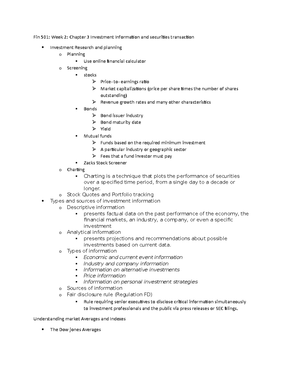Fin 501 lecture 2 - Fin 501- Fall session - Fin 501: Week 2: Chapter 3 Investment Information ...