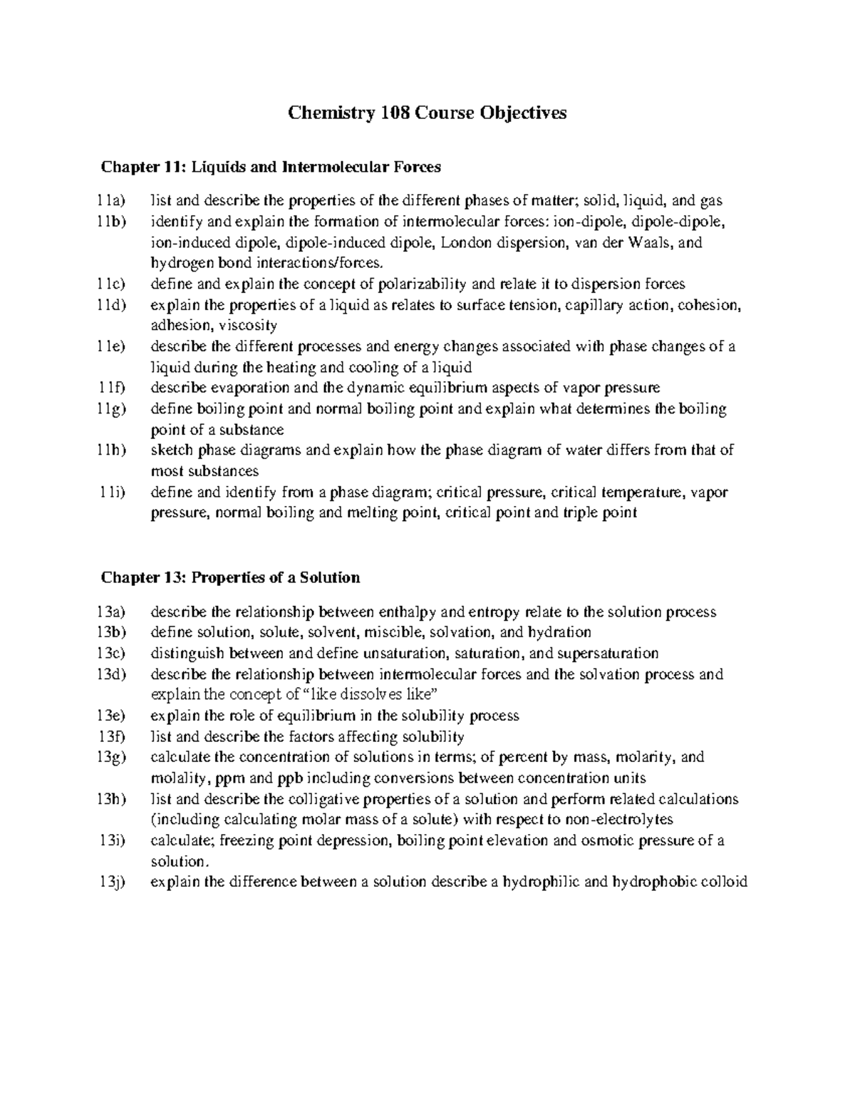 Chemistry 108 course objectives - Chemistry 108 Course Objectives ...