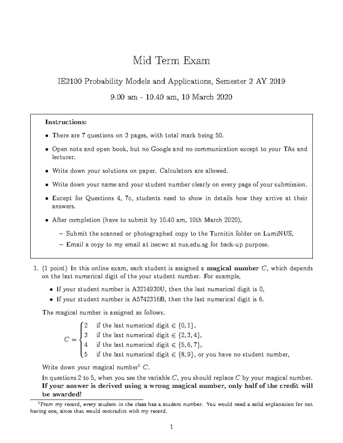 Mid term qn Mid term qn - Mid Term Exam IE2100 Probability Models and ...
