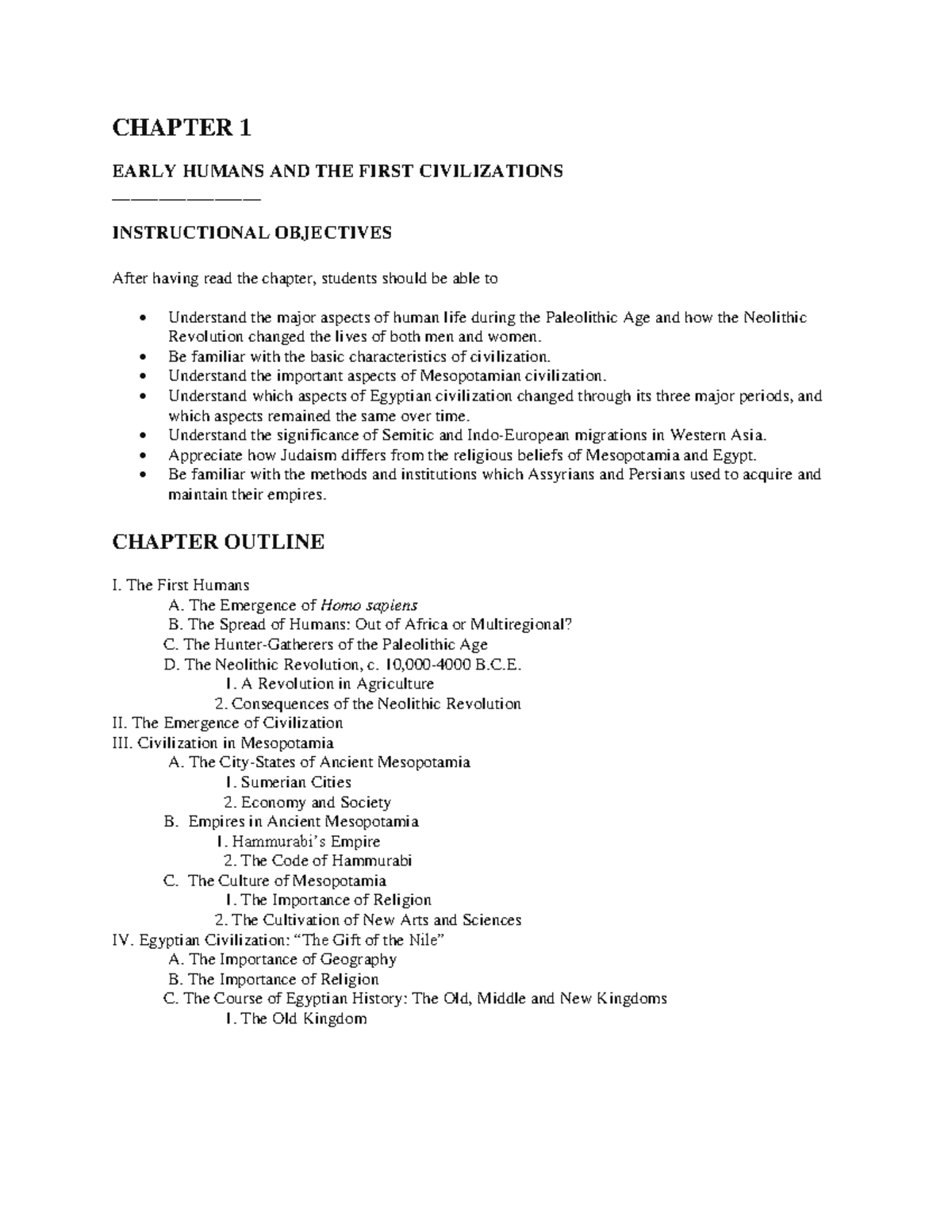 Chapter One Outline - Alexander - CHAPTER 1 EARLY HUMANS AND THE FIRST ...