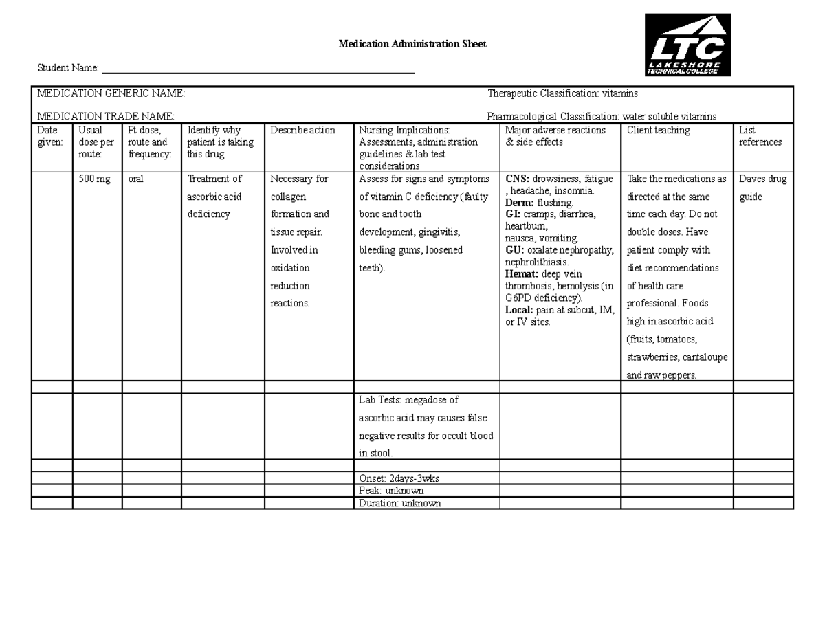 Ascorbic acid - map - Medication Administration Sheet Student Name ...