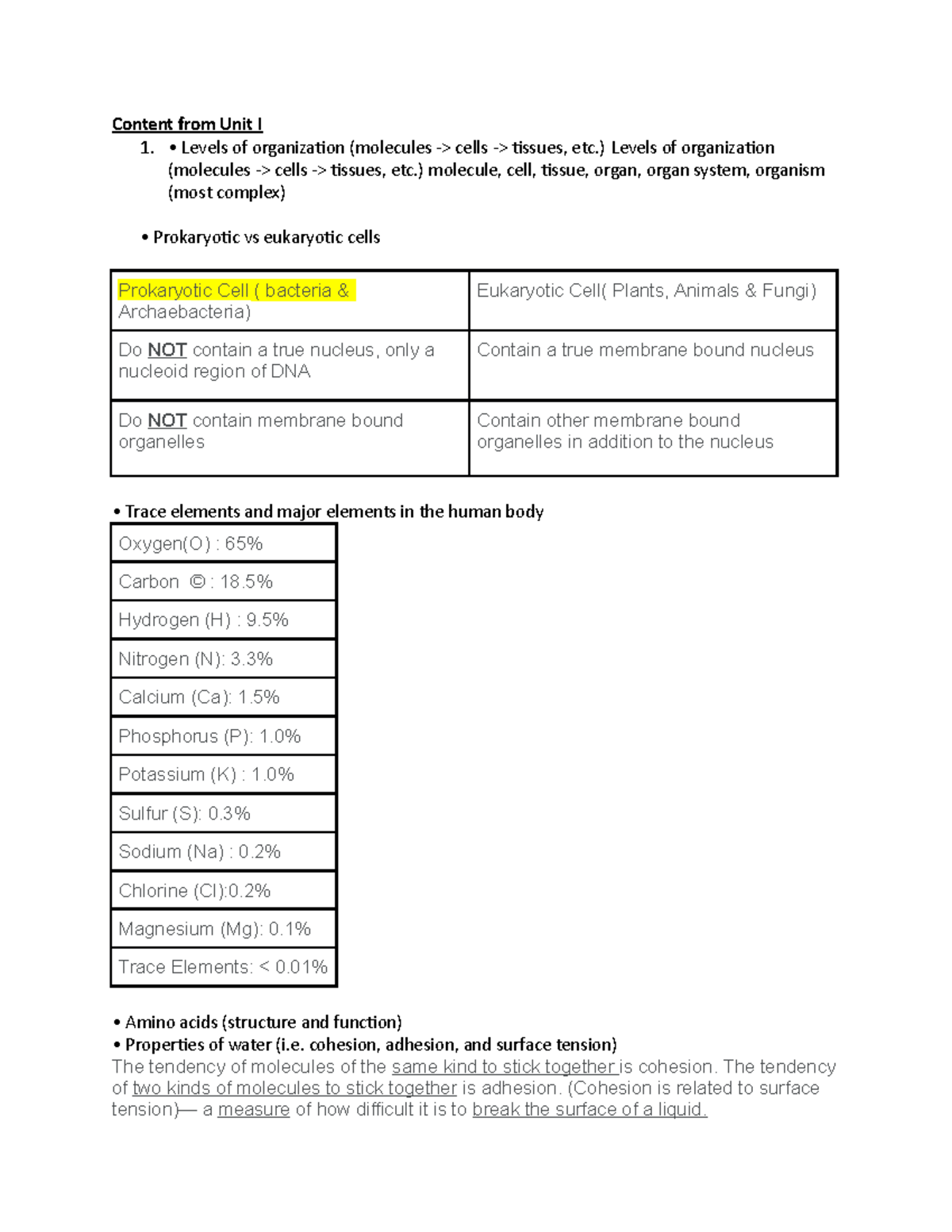 Biology 1103 Study Guide ( Final) - Content from Unit I 1. • Levels of organization (molecules ...