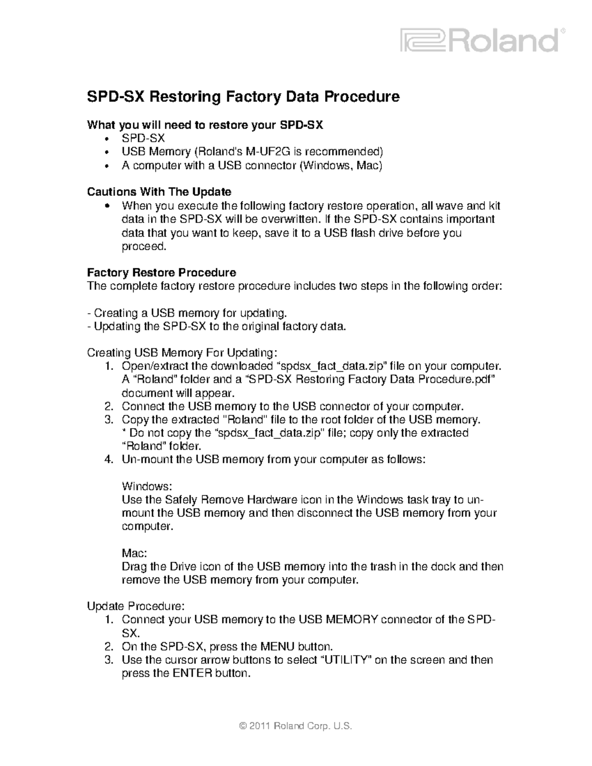 SPD-SX Restoring Factory Data Procedure - © 2011 Roland Corp. U. SPD-SX Restoring Factory Data ...