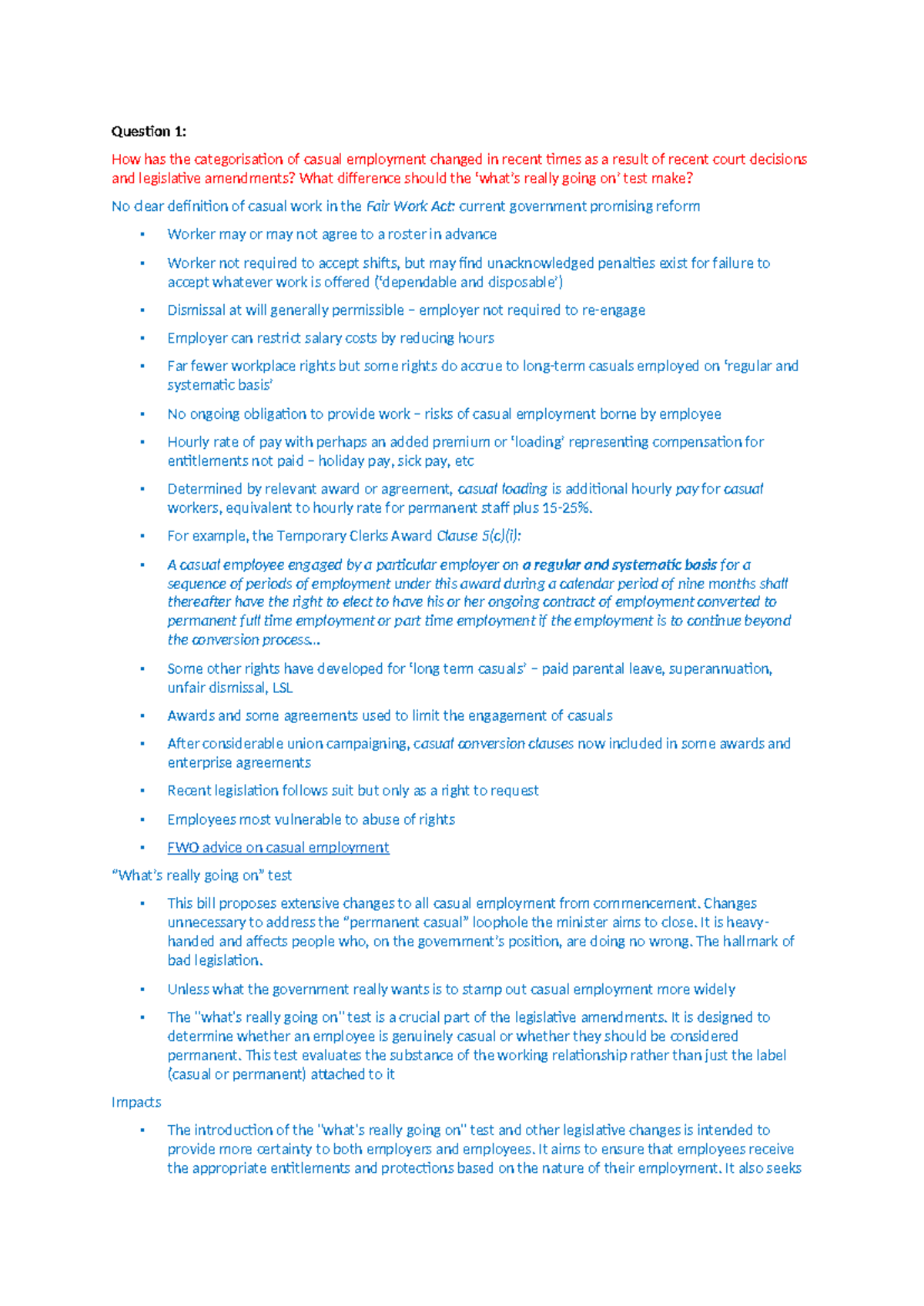 Short answer question notes - Question 1: How has the categorisation of ...