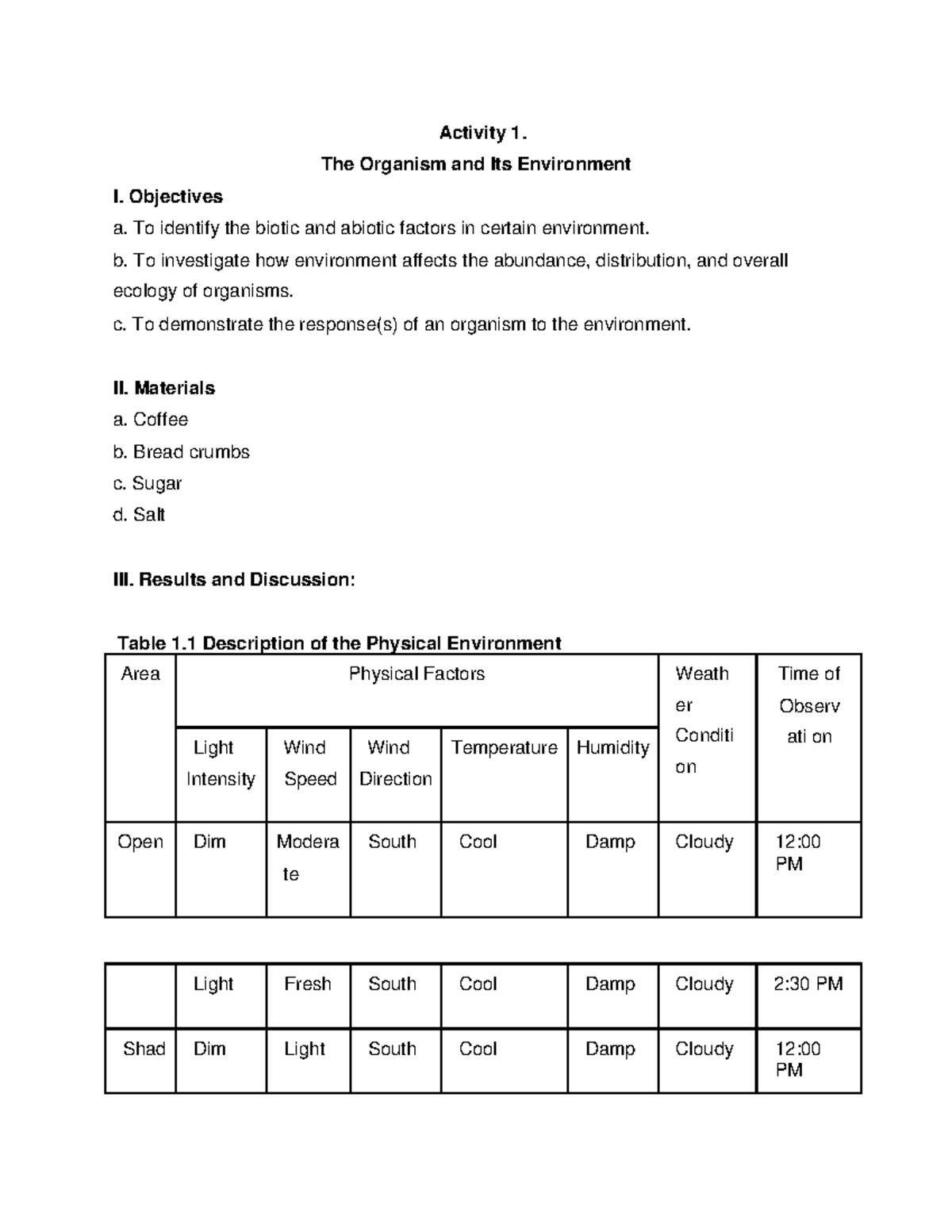 Activity 1 - Activity 1. The Organism and Its Environment I. Objectives ...