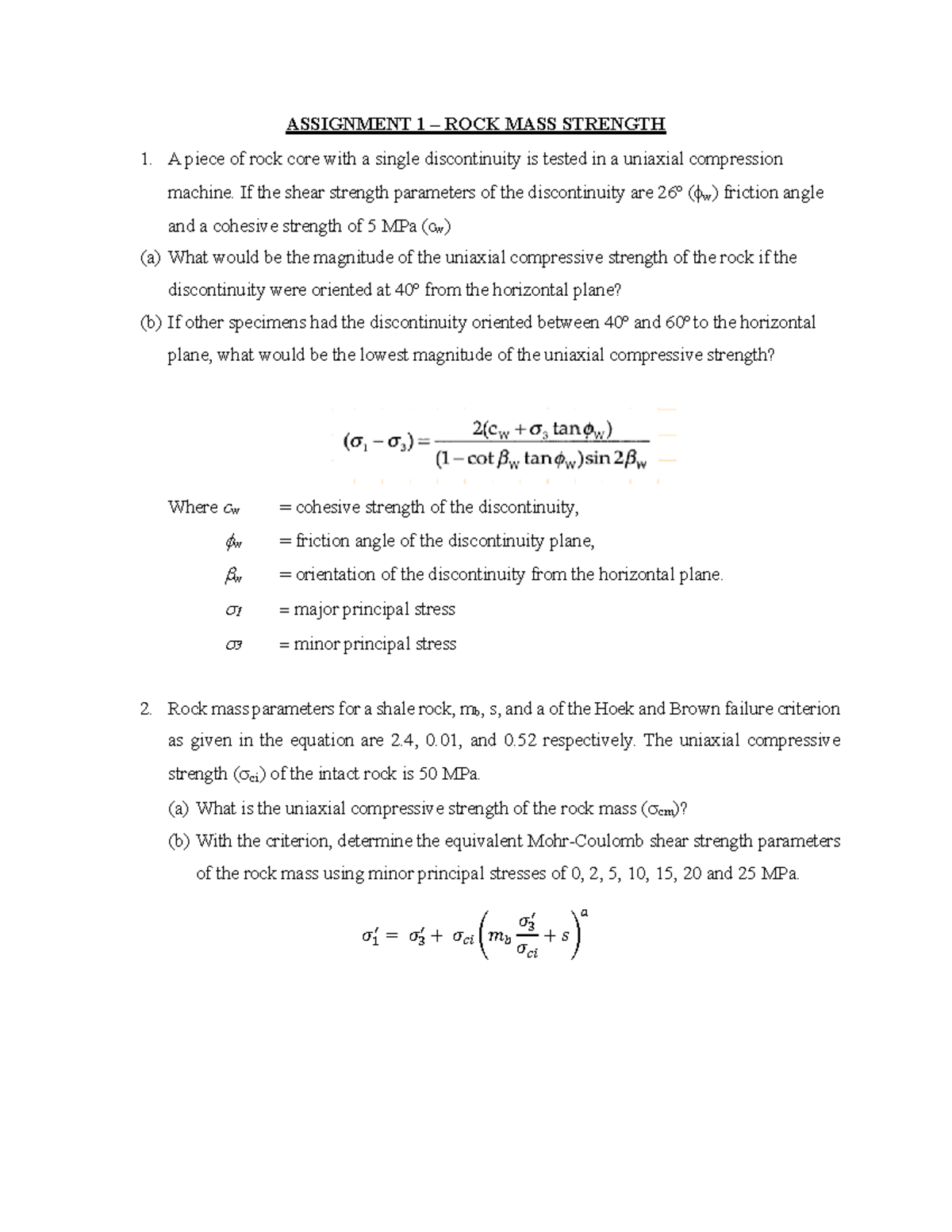 Assignment 1 - ROCK MASS Strength - ASSIGNMENT 1 – ROCK MASS STRENGTH A ...