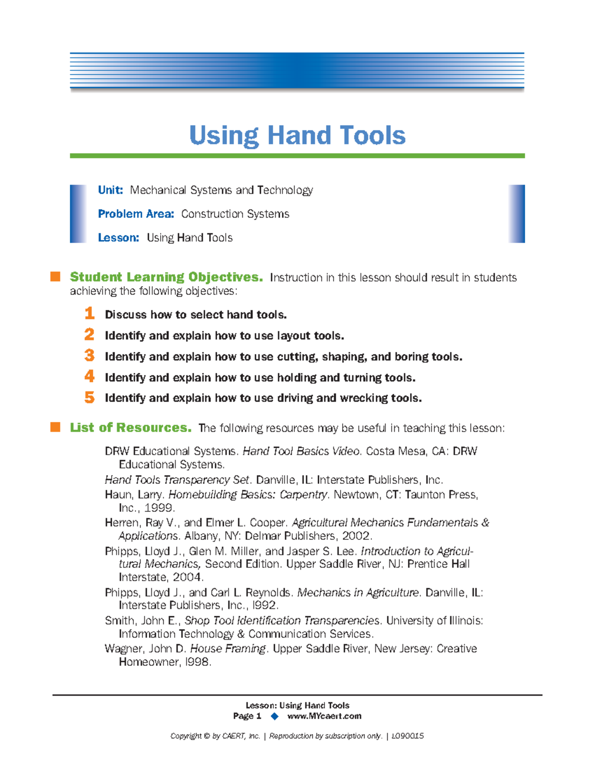 Hand Tools Lesson Plan - Using Hand Tools Unit: Mechanical Systems and ...